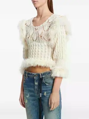 ANN DEMEULEMEESTER Dudu Feather-trim Pointelle-knit Sweater - Neutrals