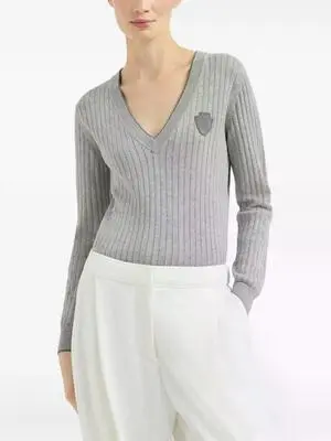 Brunello Cucinelli Ribbed V-neck Sweater With Logo Patch
