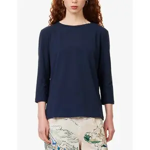 Max Mara Round Neck 3/4 Sleeve Stretch Cotton Top - Navy
