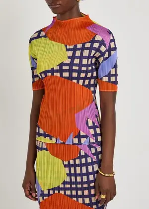 Issey Miyake Printed Pleated Mock-neck Top