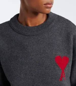 AMI Paris Virgin Wool Crewneck Sweater With De Coeur Embroidery