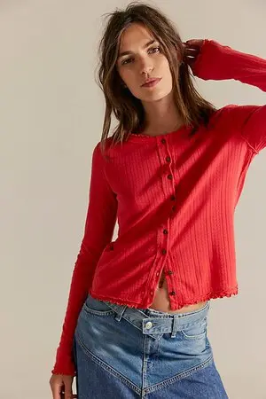 We The Free Penny Pointelle Cardigan - Fiery Red