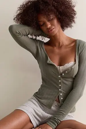 INTIMATELY Pointelle Button-front Long Sleeve Shirt - Sage