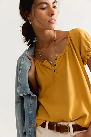 We The Free Puff Sleeve Henley Tee - Double Butter