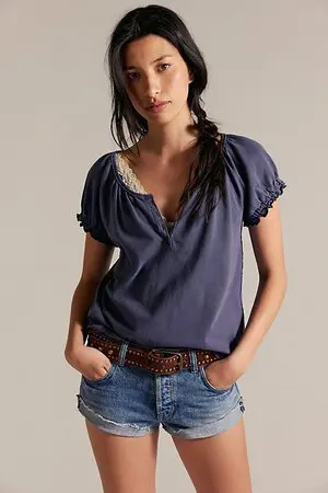 We The Free Puff Sleeve Henley Tee - Peacoat