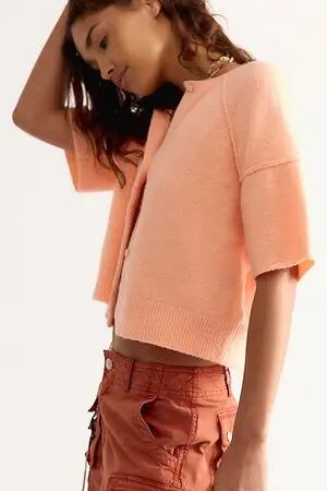 Free People Softspun Wool Blend Cardigan With Drop Shoulder Sleeves - Spring Melon