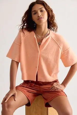 Free People Softspun Wool Blend Cardigan With Drop Shoulder Sleeves - Spring Melon