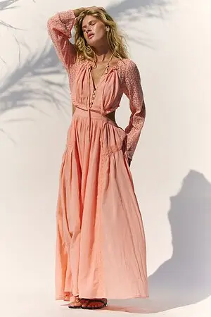 Free People Lacie Maxi Dress With Lace Bell Sleeves And Cut-out Detail - Sunset Sorbet