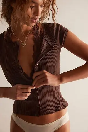 INTIMATELY Ribbed Cardigan With Capped Sleeves And Picot Trim - Chocolate