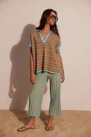 Free People Striped Knit Sweater Set With Cropped Wide-leg Pants - Camel Combo