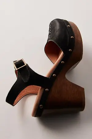 FP COLLECTION Studded Wooden Platform Clogs With Adjustable Ankle Straps - Black