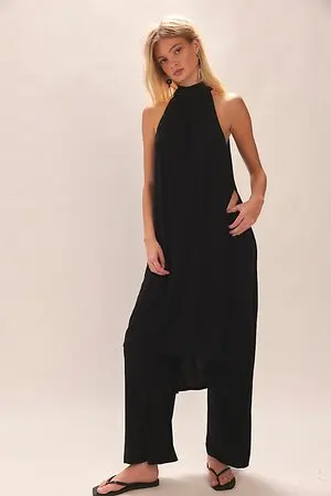 Free People Cascading Halter Tunic And Pull-On Pant Set Black