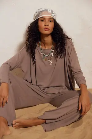 Free People Baby-rib Long Sleeve Top And Wide-leg Pants Set - Grey