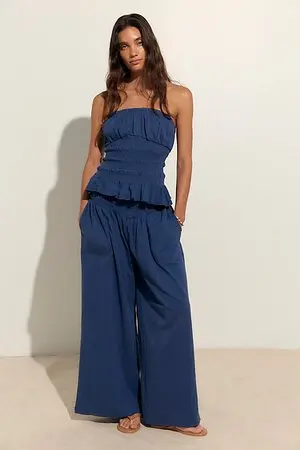 Free People Strapless Smocked Bodice Top And Wide-leg Pant Set - Poseidon