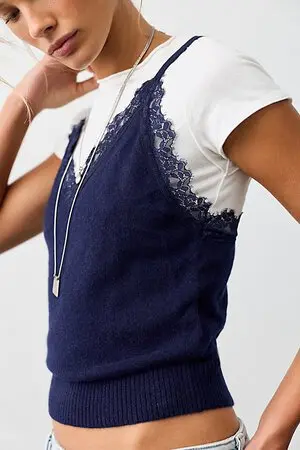 Free People Lace Trimmed Cashmere Tank Top - Shark