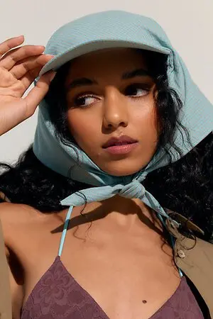 Free People Gingham Baseball Cap With Attached Scarf - Teal Combo