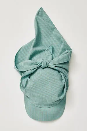 Free People Gingham Baseball Cap With Attached Scarf - Teal Combo