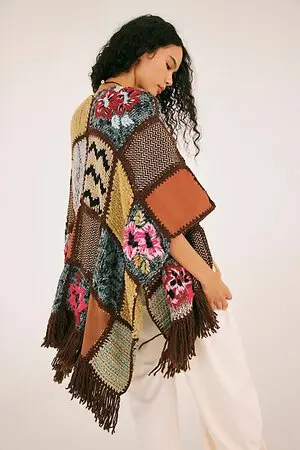 THE FARRA Mixa Patchwork Poncho With Fringe Detail - Multicolor