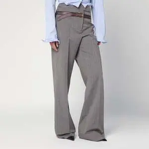 Prada Wool Blend Wide Leg Trousers With Printed Belt - Brown