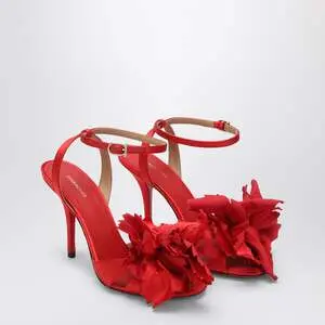 FERRAGAMO Satin Floral High Heel Sandals - Red