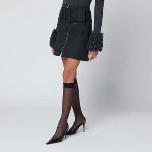 PATOU Belted Mini Skirt In Grey Wool - Black