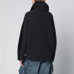 Attico Dark Wool And Cashmere Knit Sweater With Asymmetrical Zip