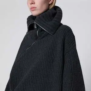 Attico Dark Wool And Cashmere Knit Sweater With Asymmetrical Zip