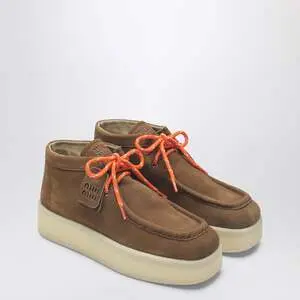 Miu Miu Suede Platform Ankle Boots With Orange Laces - Brown