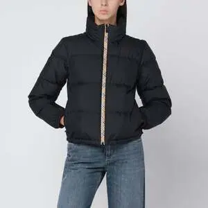 Burberry Zip-up Puffer Jacket With Check Detail - Black
