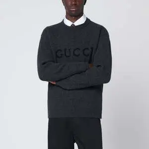 Gucci Wool And Cashmere Crew Neck Sweater With Logo Intarsia - Black