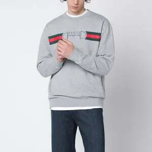 Gucci Mélange Brushed Cotton Jersey Sweatshirt With Logo Print And Web Stripe - Grey
