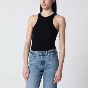 ANINE BING Ribbed Tank Top With Embroidered Logo - Black