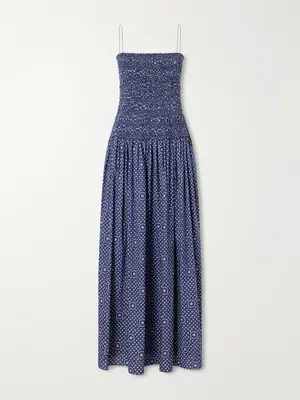 Matteau Shirred Printed Cotton Midi Dress - Blue