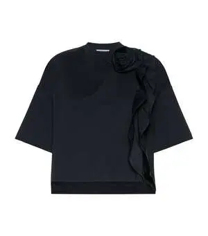 Max Mara Cotton T-shirt With Floral Appliqu - Navy