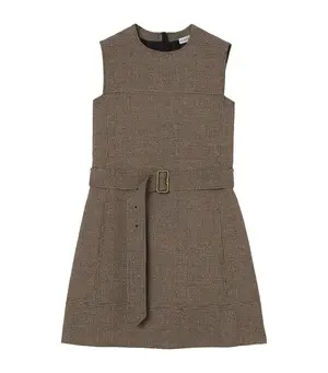 Burberry Wool-linen Blend Plaid Mini Dress With Belt - Beige