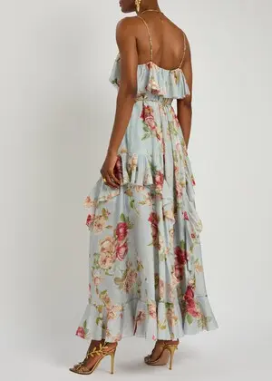 Zimmermann Roselight Floral-print Ruffled Silk Maxi Dress - Blue
