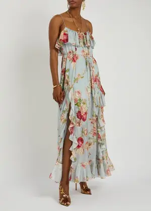 Zimmermann Roselight Floral-print Ruffled Silk Maxi Dress - Blue