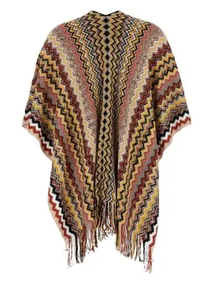 Missoni Zigzag Pattern Wool Poncho With Fringed Hem