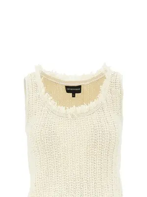 Emporio Armani Cotton Blend Tank Top With Fringed Trim - White