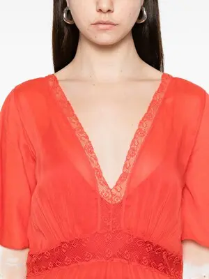 FORTE_FORTE V-neck Short Sleeve Lace Trimmed Maxi Dress - Red