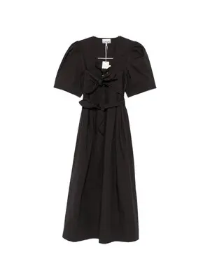 GANNI Organic Cotton Midi Dress With Tie Detail - Black