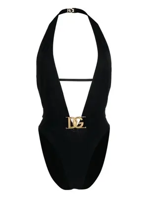 Dolce & Gabbana Halterneck Plunge One-piece Swimsuit With Logo Detail - Black