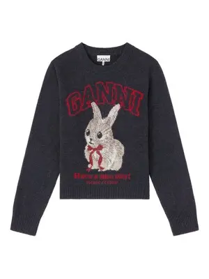 GANNI Wool Crewneck Sweater With Graphic Print - Black