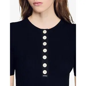 Sandro Button-placket Short-sleeve Ribbed Jumper - Black