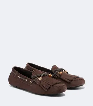 JIMMY CHOO Manon Fringed Suede Boat Shoes - Brown