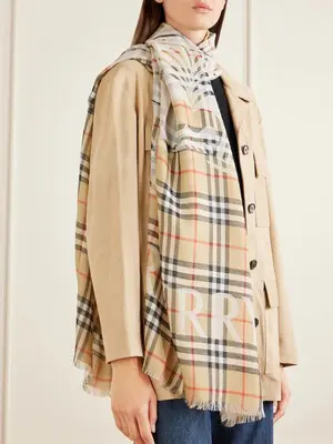 Burberry Frayed Printed Checked Wool And Silk-blend Scarf