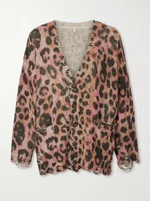 R13 Distressed Animal-print Cashmere Cardigan - Brown