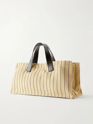 Staud Port' Striped Canvas Tote With Leather Trim