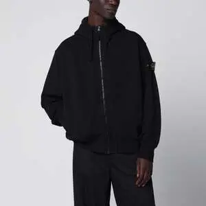 Stone Island Organic Cotton Zip-up Hooded Sweatshirt - Black