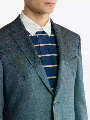 Etro Single-breasted Wool-blend Jacket With Placed Paisley Pochette Print - Blue